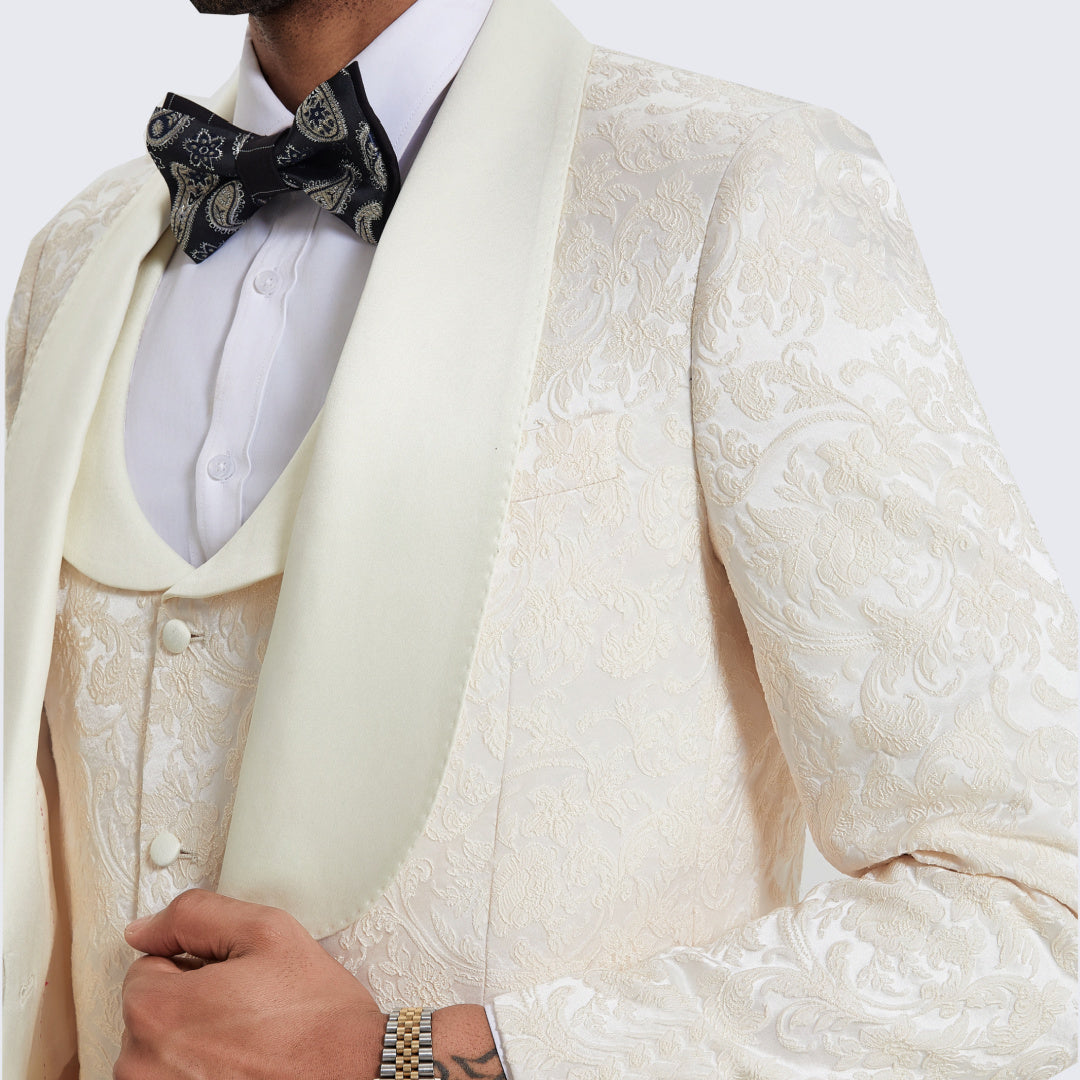 Men's Ivory Tuxedo with Floral Design Three Piece Set- Wedding - Prom ...