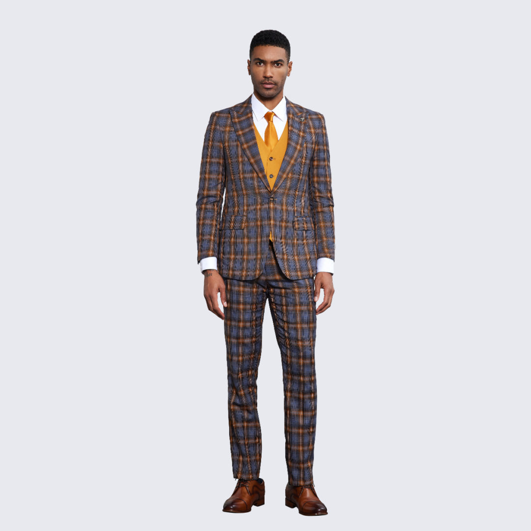 Men's Blue and Orange Plaid Suit Three Piece Set - Wedding - Prom ...