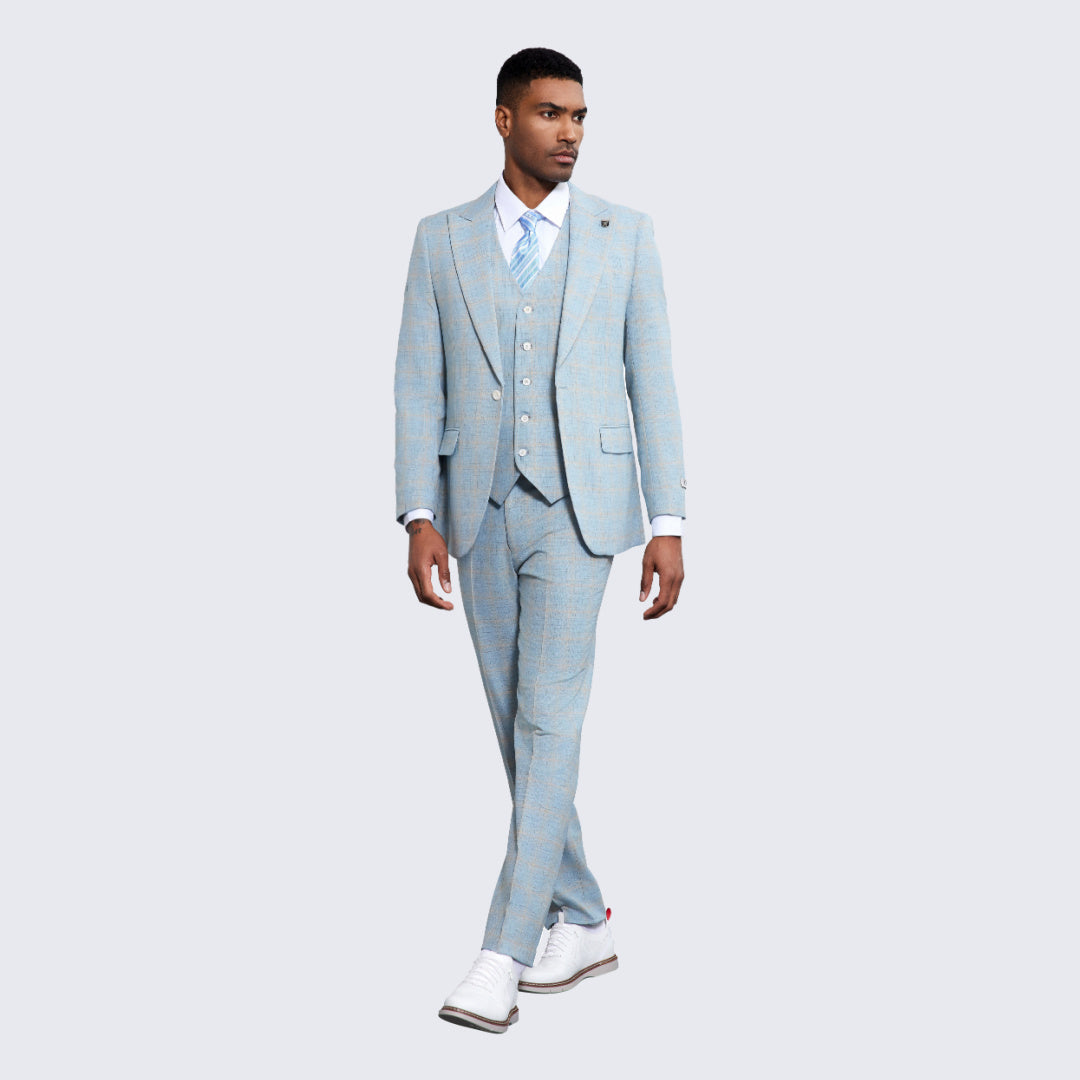 Men's Baby Blue Windowpane Suit Three Piece Set- Wedding - Prom ...