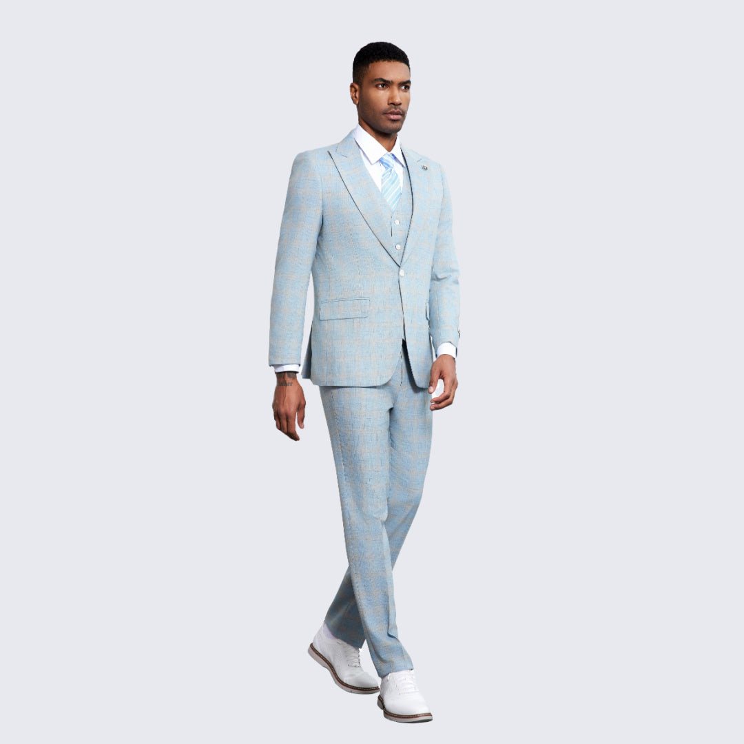 Men's Baby Blue Windowpane Suit Three Piece Set- Wedding - Prom ...
