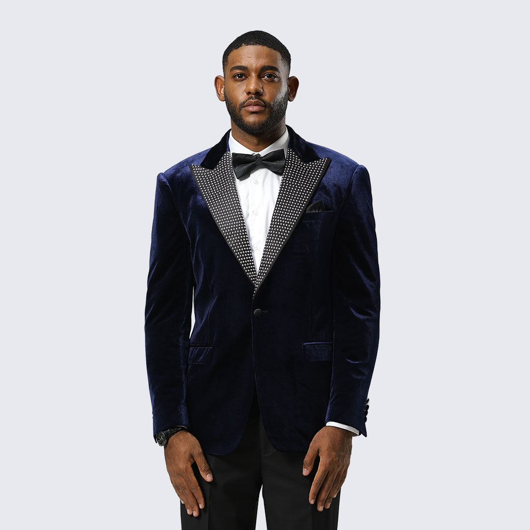 Navy Velvet Tuxedo Jacket with Rhinestone Peak Lapel – Wedding & Prom ...