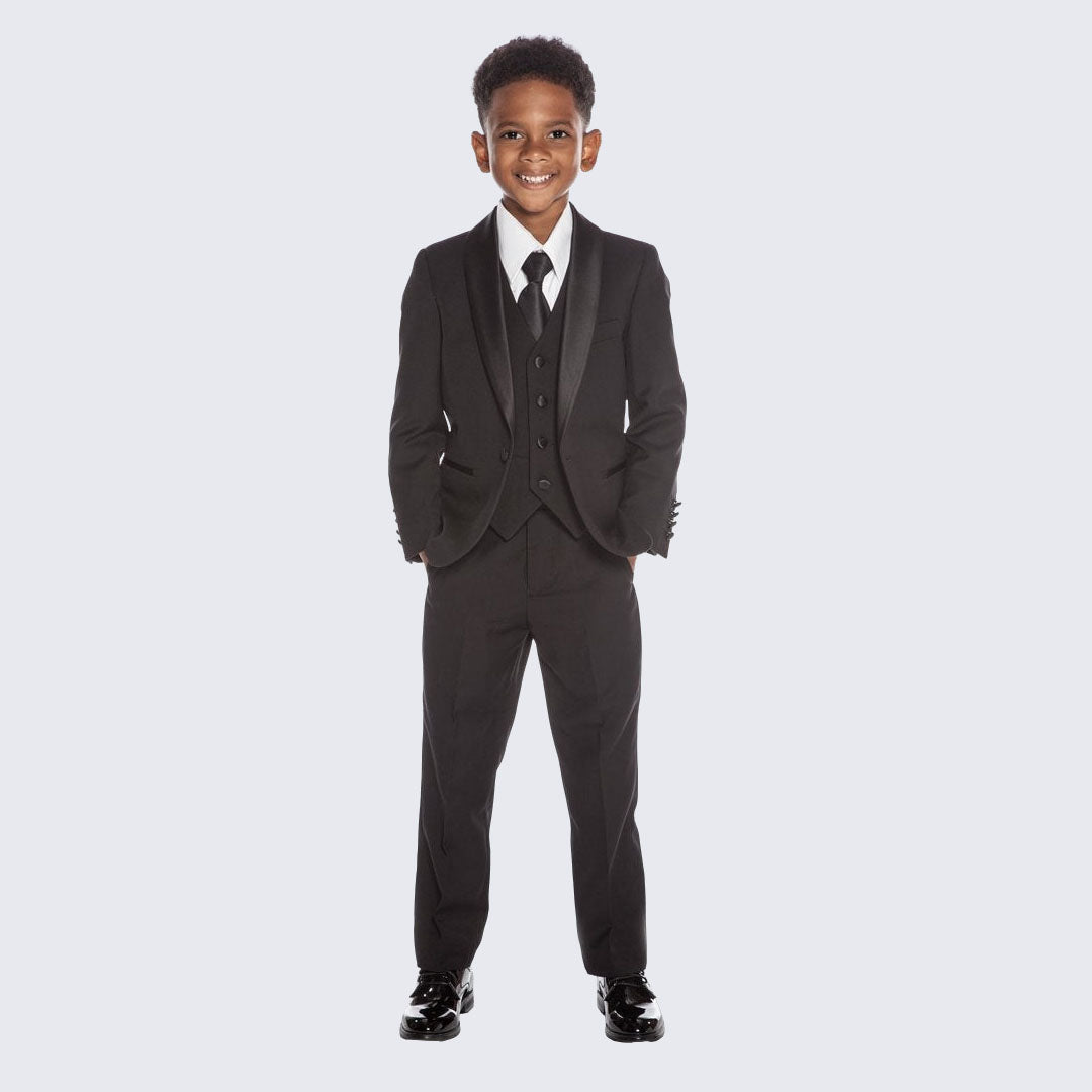 Boys Black Tuxedo Slim Fit Shawl Lapel 5-Piece Set for Kids Teen ...