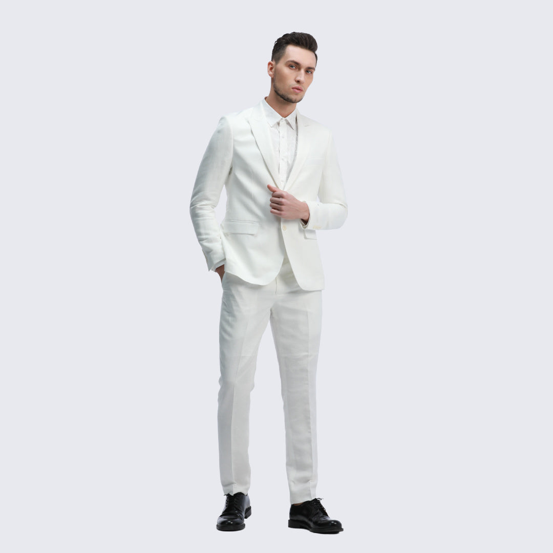 White Linen Slim Fit Two Piece Suit Set - Wedding - Prom | Perfect Tux
