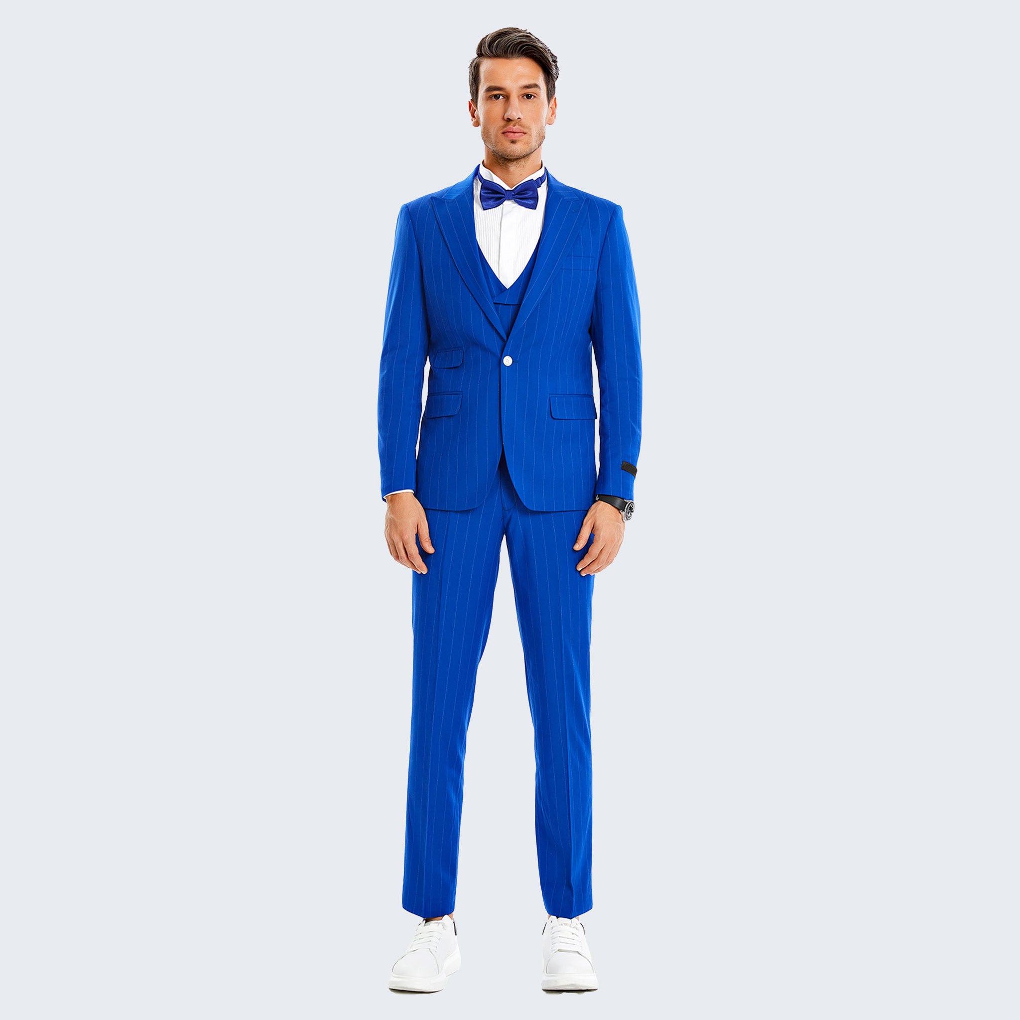 Royal Blue Pinstripe Slim Fit Suit with Double Breasted Vest - Wedding ...