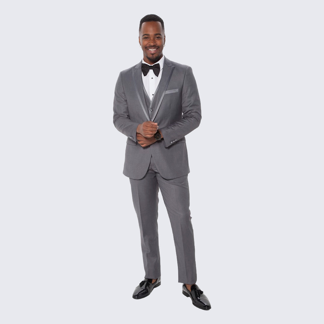 Mid Grey Textured Slim Fit Textured 3 Piece Tuxedo with Satin Trim ...