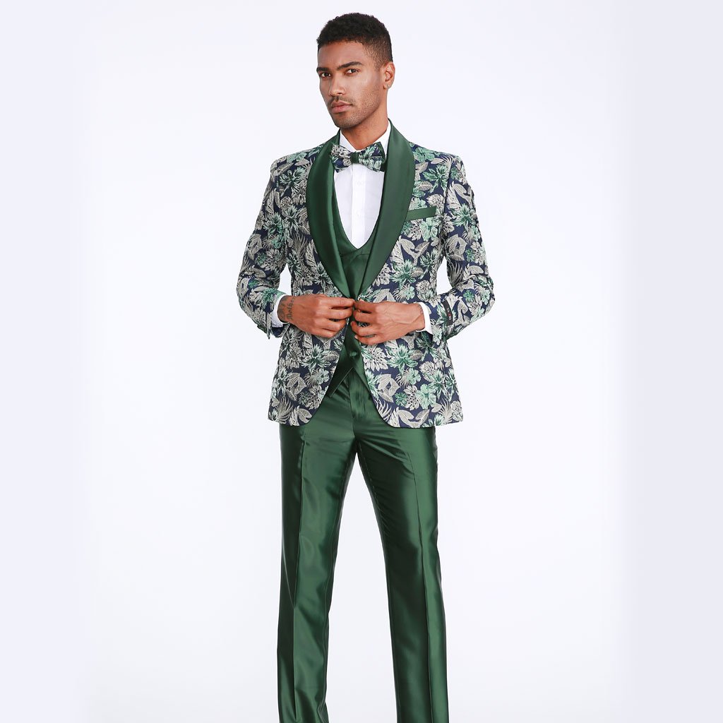 Green Tuxedo with Floral Pattern Four Piece Set - Wedding - Prom ...