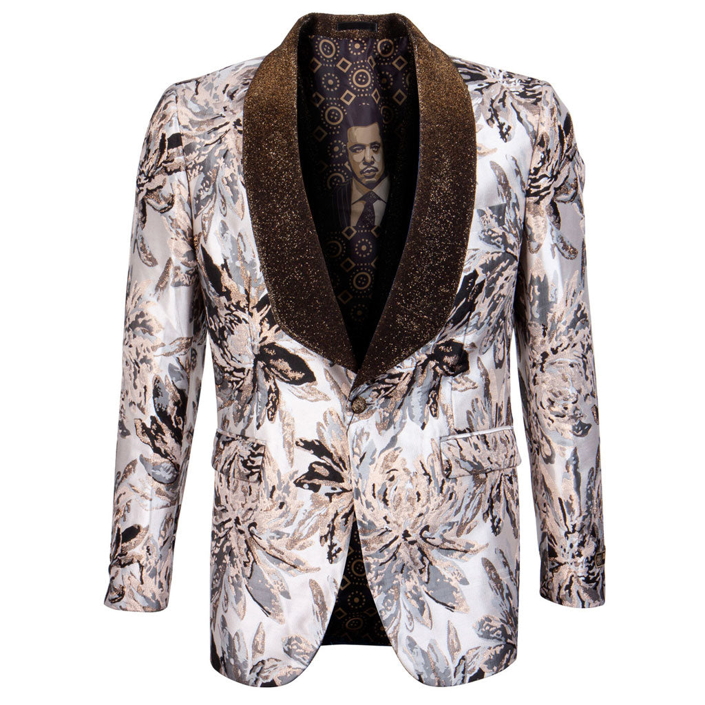 Tan Tuxedo Jacket with Floral Pattern Shawl Lapel – Perfect Tux